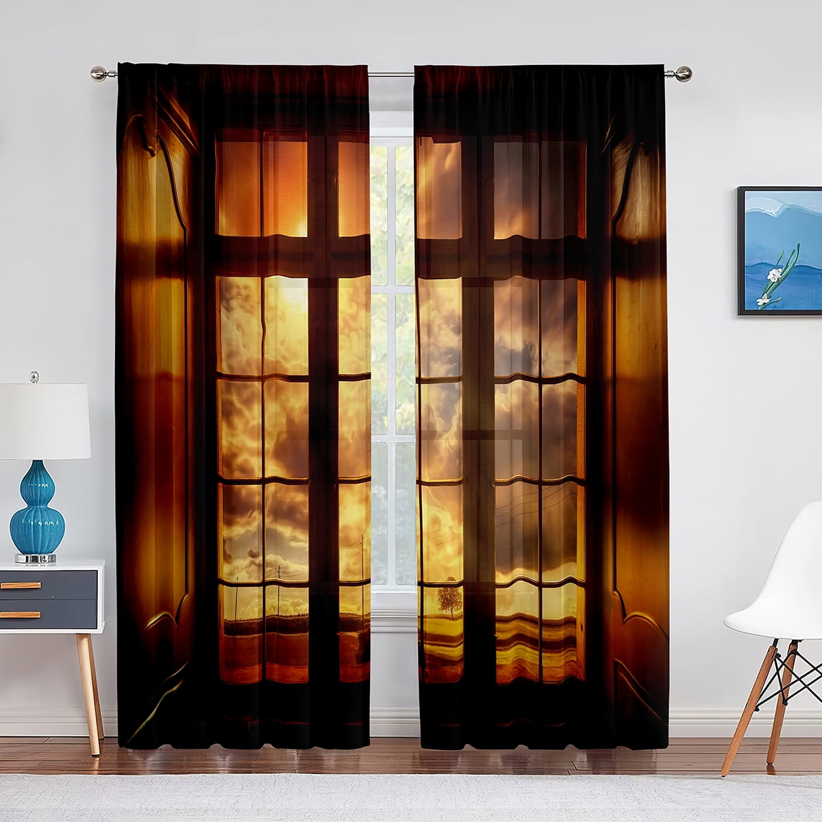 Beach Sea Ocean Palm Tree Windows Scenery Sheer Curtains for Living ...