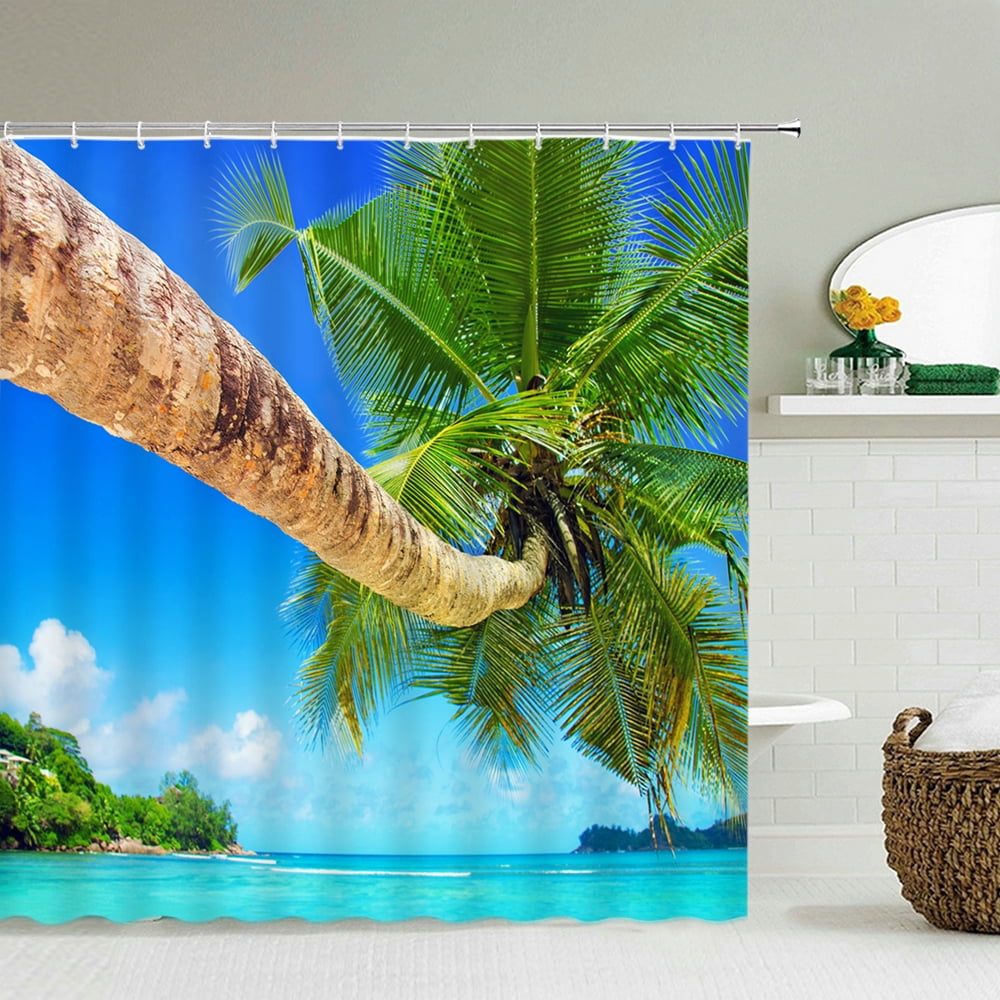 Beach Sea Palm Trees Shower Curtains Scenery Waterproof 3d Bathroom ...