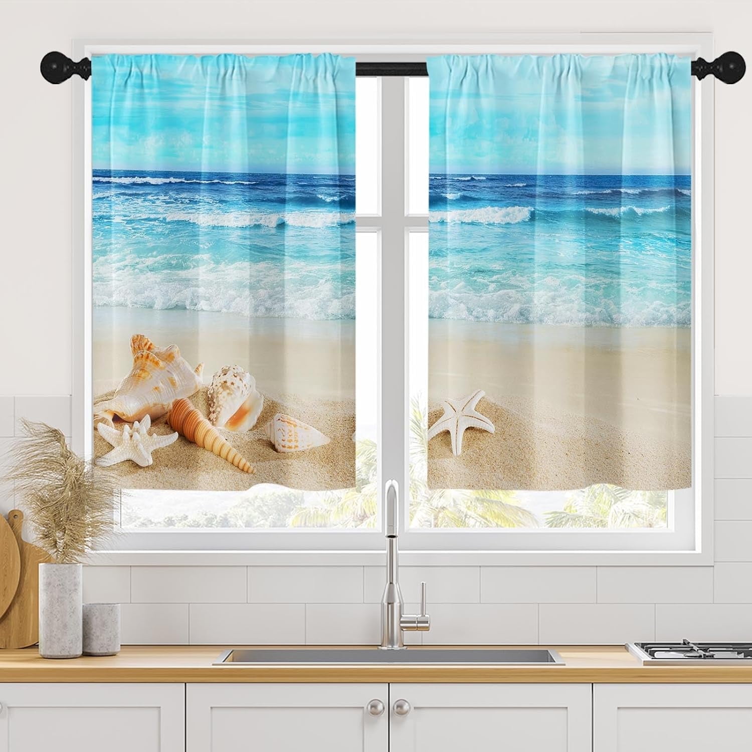 Beach Sea Shells Ocean Kitchen Curtains, Summer Starfish Tropical Short ...