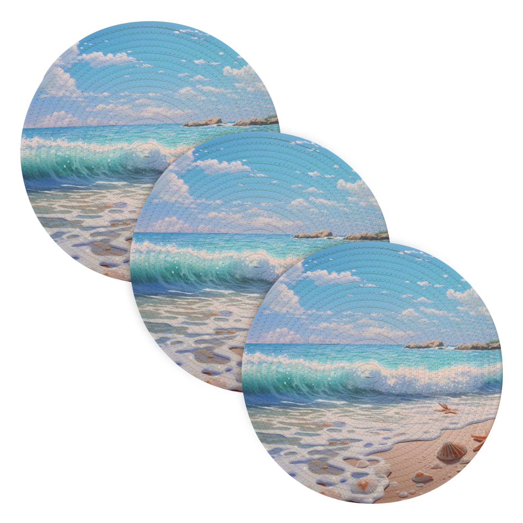 Beach Sea Shells Seastar 3 PCs Pot Holders Trivets Kitchen 15" Cotton ...