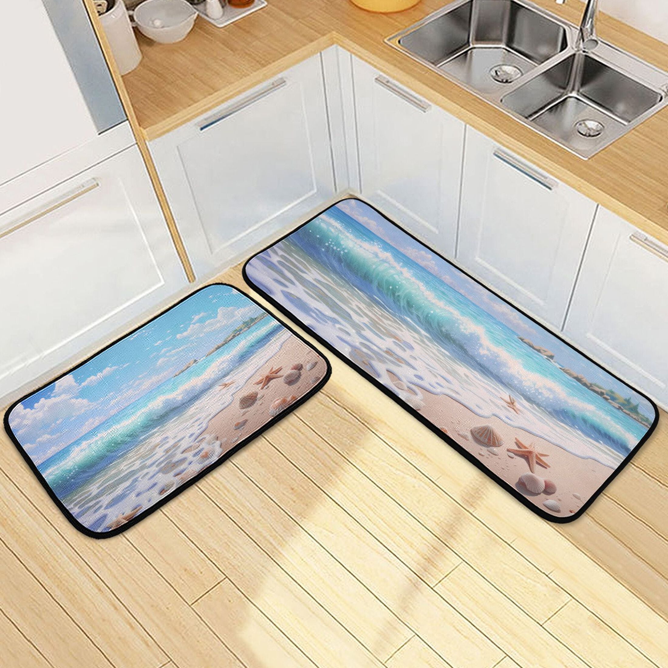 Beach Sea Shells Seastar Kitchen Rugs Set of 2 Non Slip Floor Foam Mat Cushioned Soft Waterproof ...