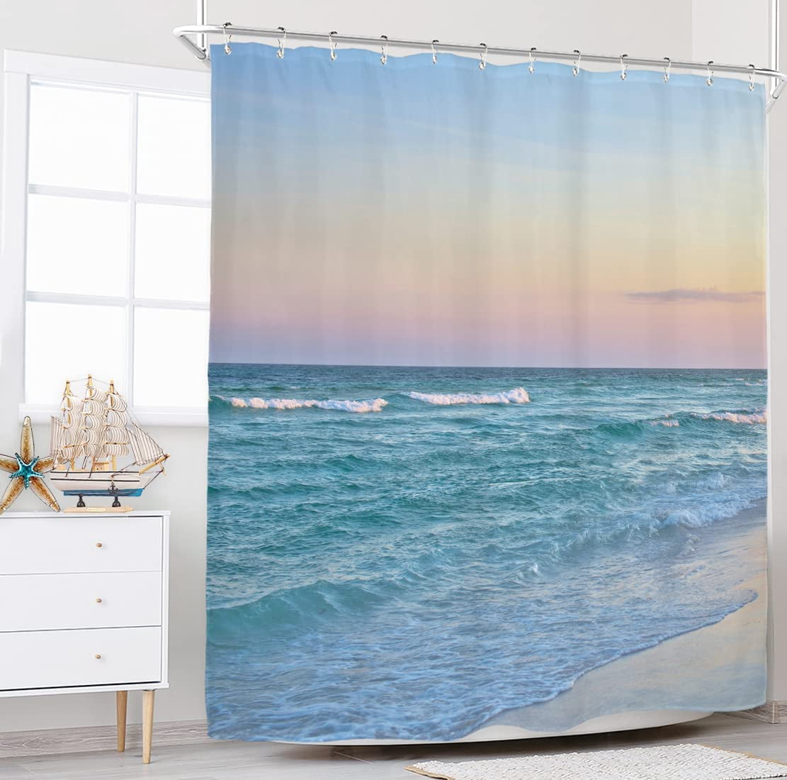 Beach Sea Shower Curtain for Bathroom Decor 72Wx72H Ocean Waves Blue ...