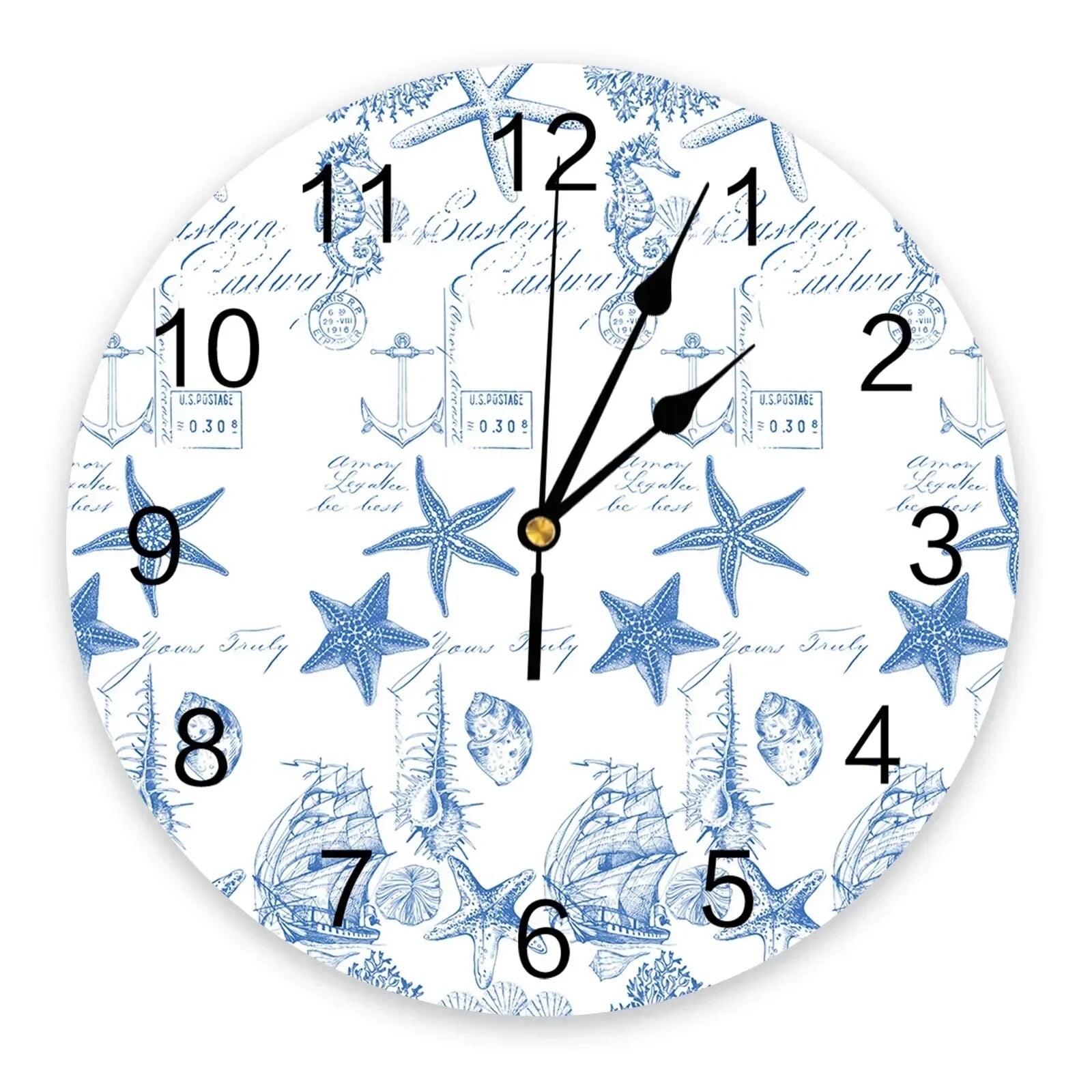 Beach Sea StarShells Blue Wall Clocks Non Ticking for Girl Boy Bedroom ...