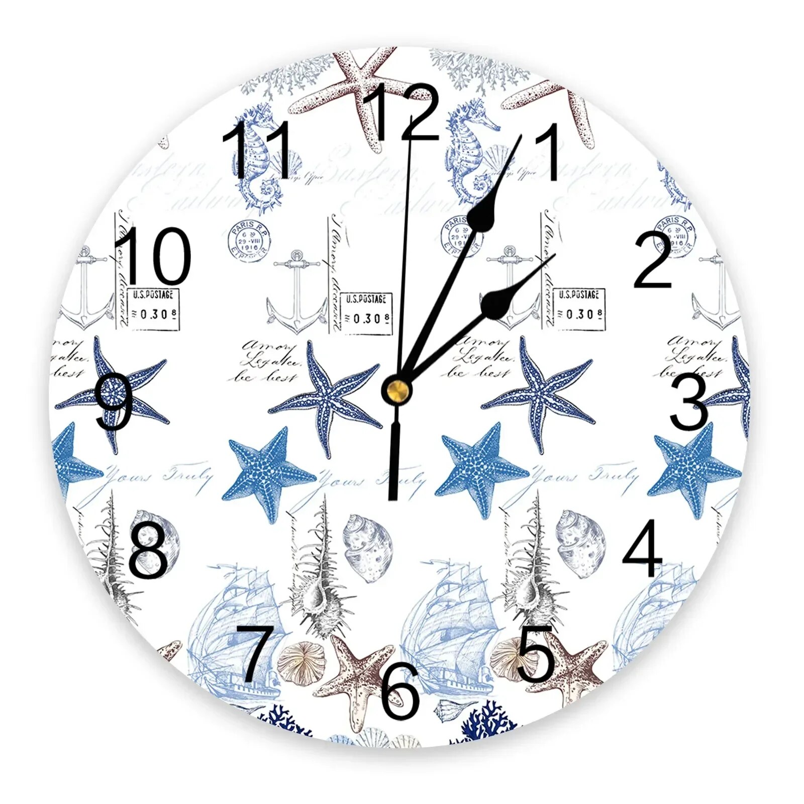Beach Sea StarShells Blue Wall Clocks Non Ticking for Girl Boy Bedroom ...
