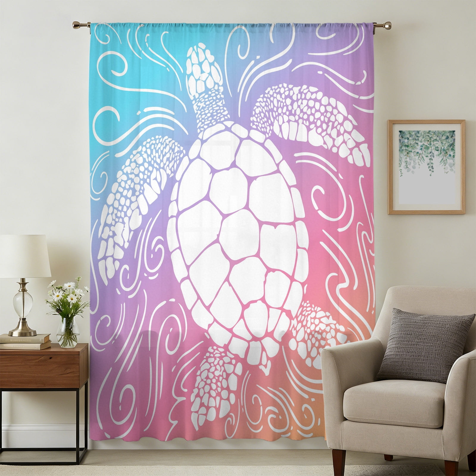 Beach Sea Turtle Sheer Curtains 45" Long for Bedroom, Gradient Orange ...