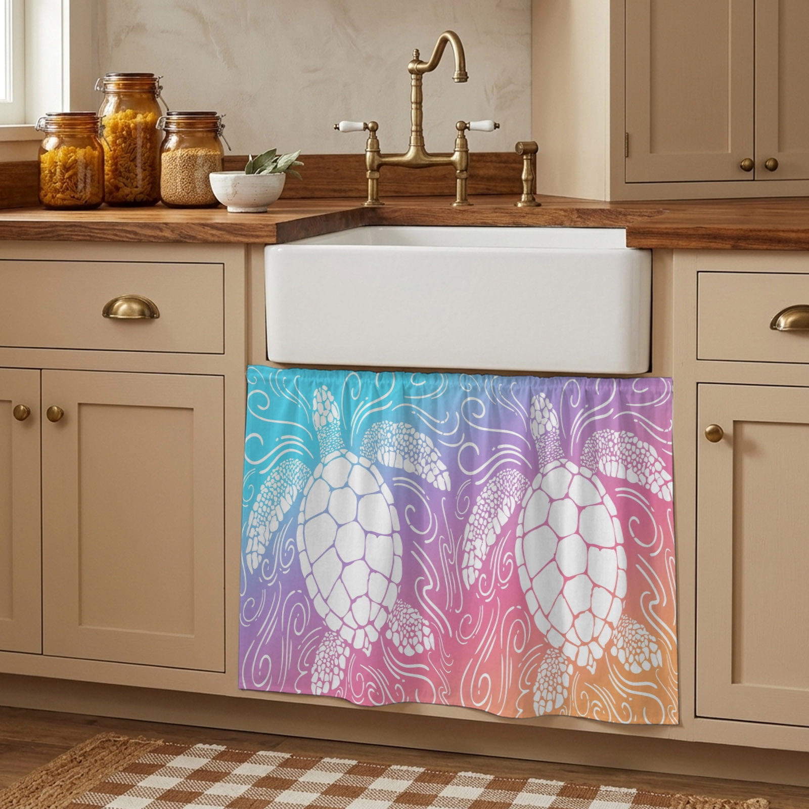 Beach Sea Turtle Small Cabinet Curtains 10"W x 11"L, Gradient Orange ...
