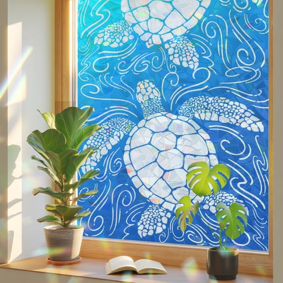 Beach Sea Turtle Window Privacy Film Rainbow Static Cling Stain Glass ...