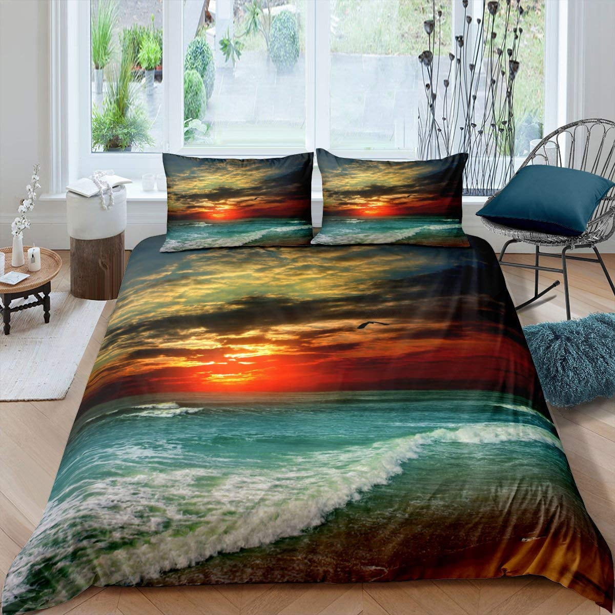Beach Sea Wave Ocean Duvet Cover Sunset Hawaiian Palm Tree Wave ...
