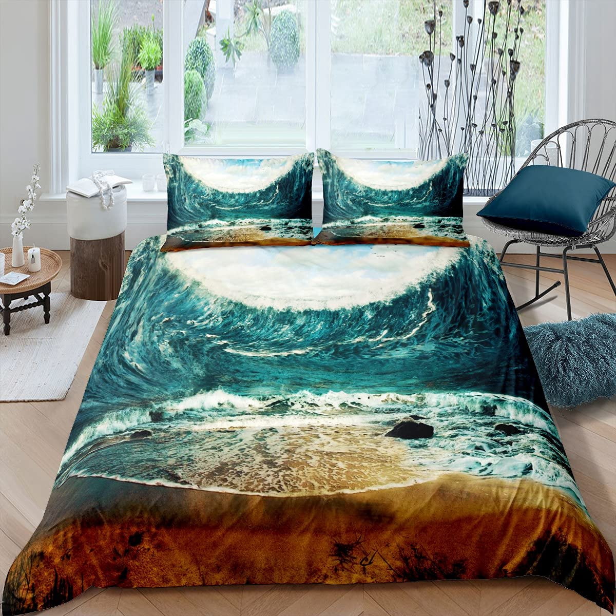 Beach Sea Wave Ocean Duvet Cover Sunset Hawaiian Palm Tree Wave ...
