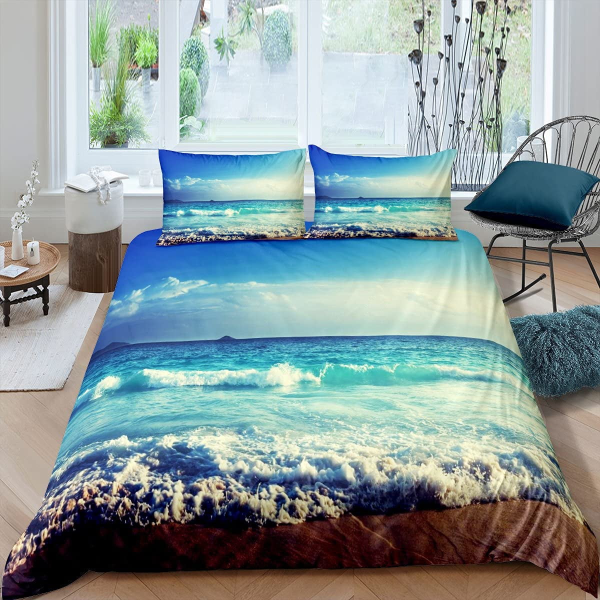 Beach Sea Wave Ocean Duvet Cover Sunset Hawaiian Palm Tree Wave ...