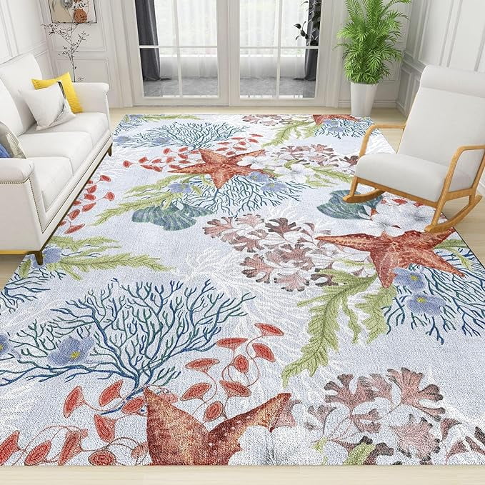 Beach Seagrass Colored Coral Area Rugs, Starfish Coral Easy Clean Rug ...