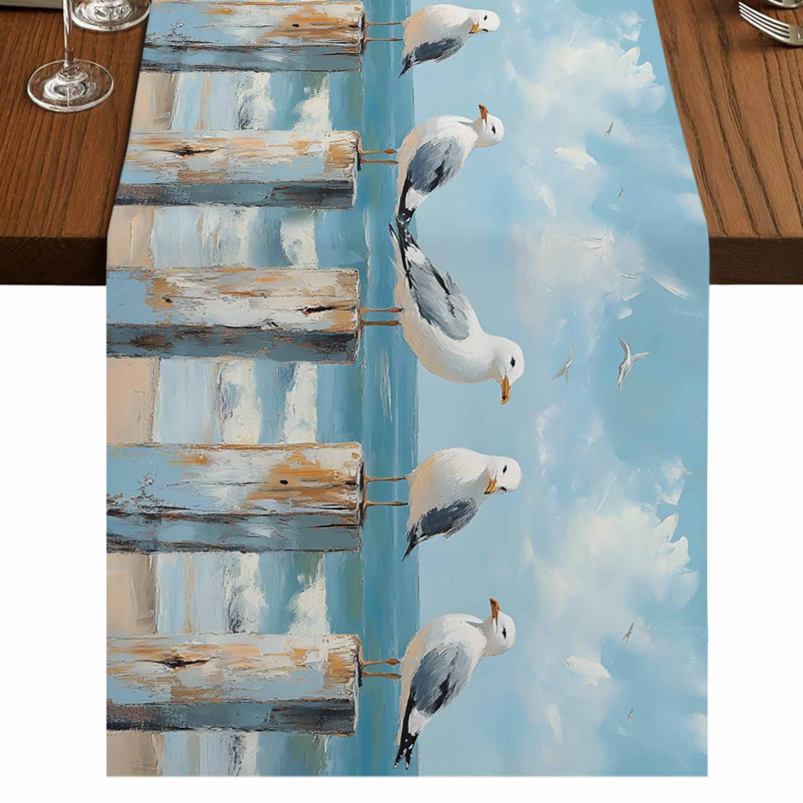 Beach Seagull 120 Inch Table Runner, Birds Rustic Wood Watercolor ...