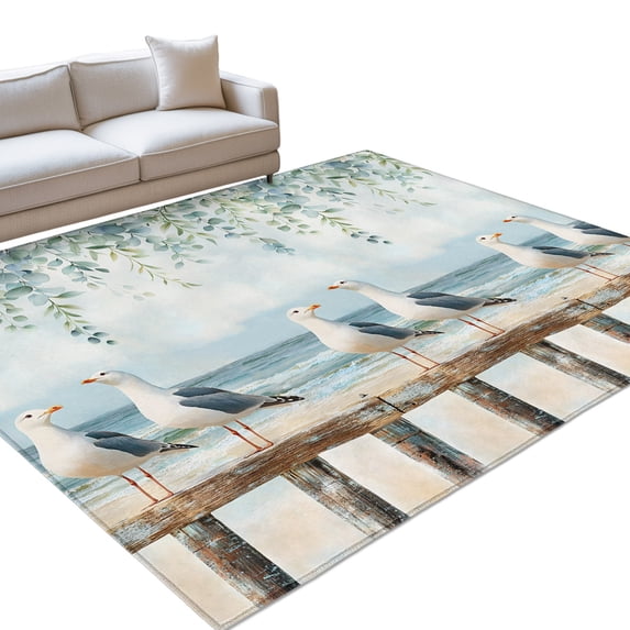 Beach Seagull Area Rugs 4x6ft Nautical Watercolor Ocean Bird Sage Green ...
