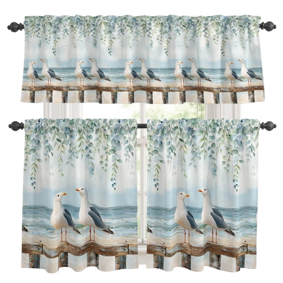 Beach Seagull Kitchen Curtains Set for Windows, Nautical Watercolor ...