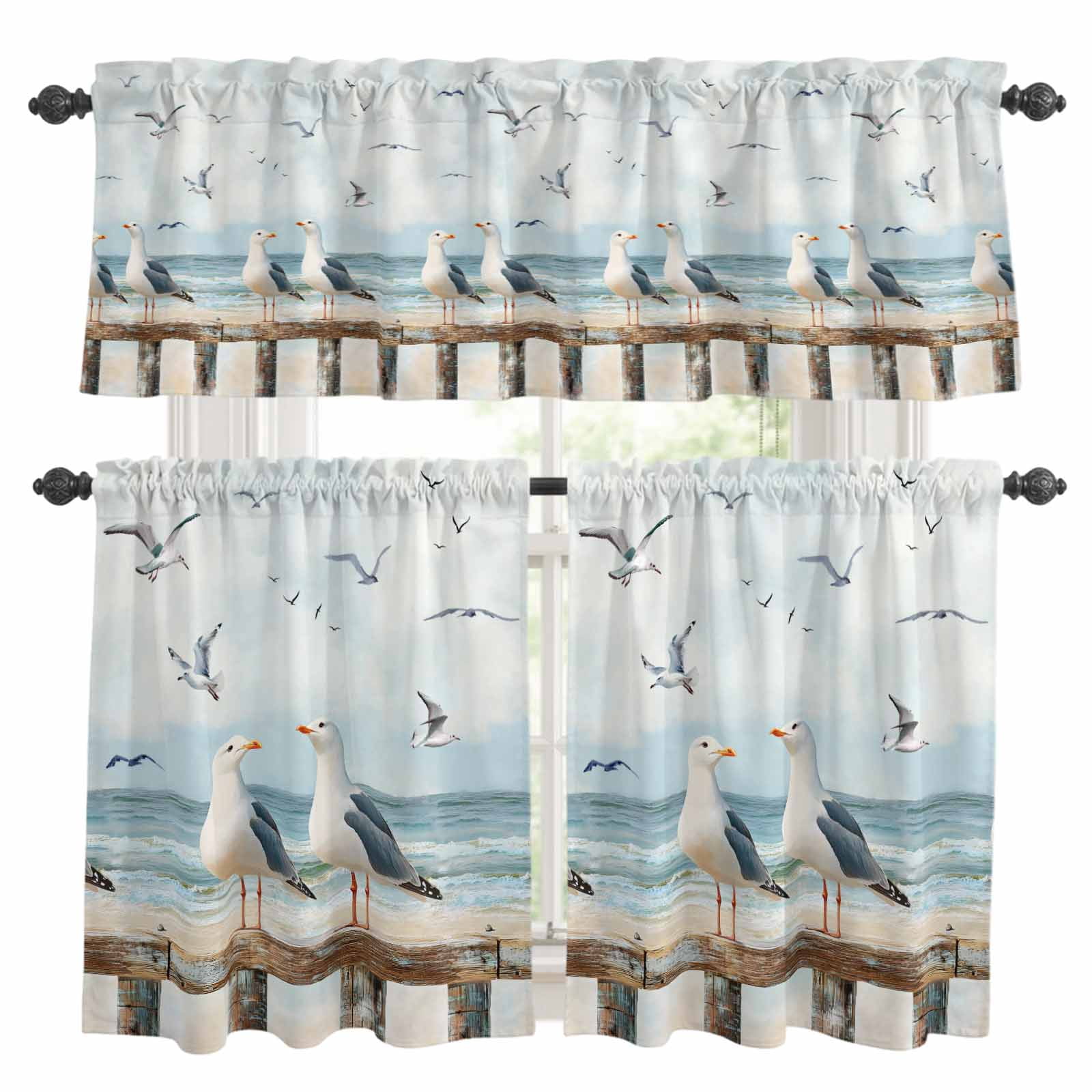 Beach Seagull Kitchen Curtains Valances and Tiers Set of 3 Nautical ...