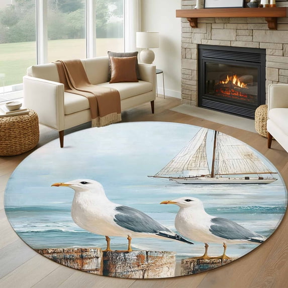 Beach Seagull Round Living Room Rugs 8 ft, Nautical Watercolor Ocean ...