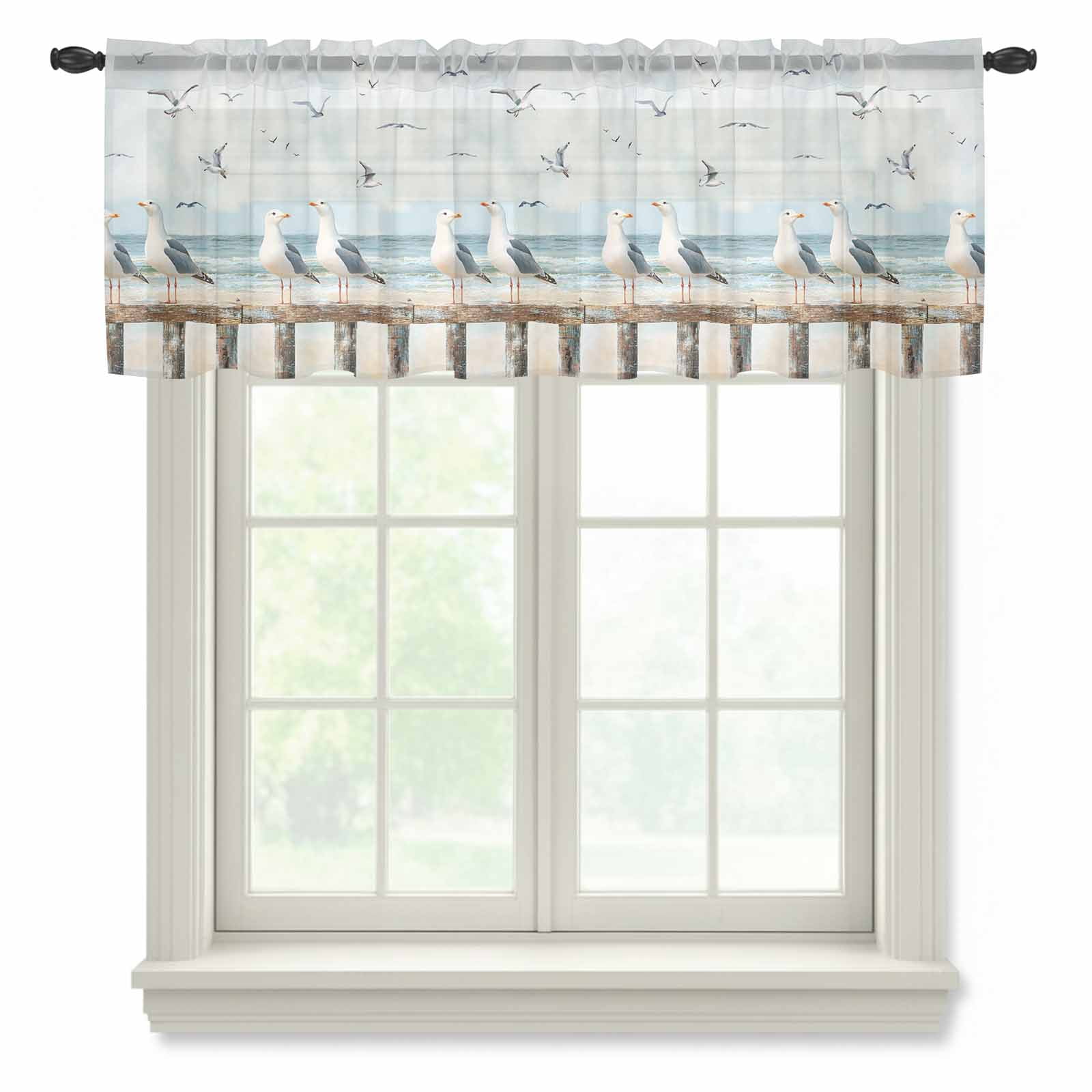 Beach Seagull Semi Sheer Valance Curtains Nautical Watercolor Ocean ...