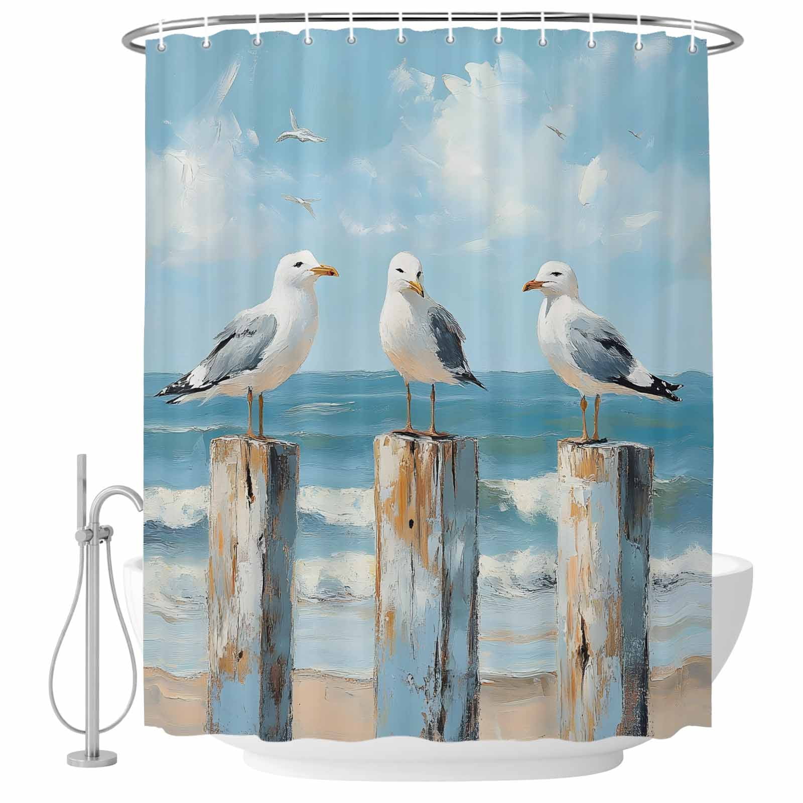 Beach Seagull Shower Curtain Set - Extra Long 72" x 96" Washable ...