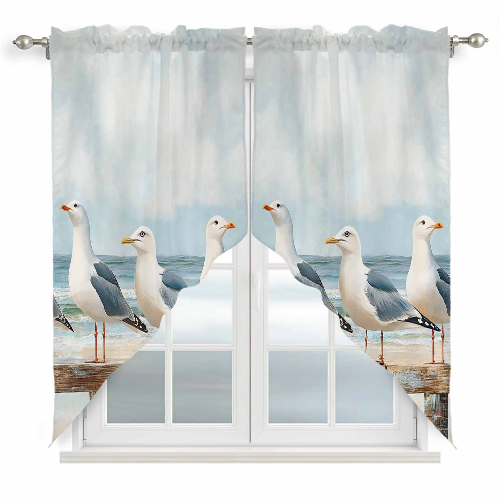 Beach Seagull Swag Curtain Valance for Window 2 Panels Retro Nautical ...