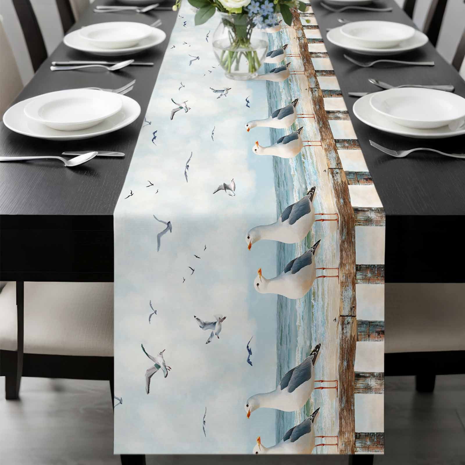 Beach Seagull Table Runner, Nautical Watercolor Ocean Bird Sky Cloud ...