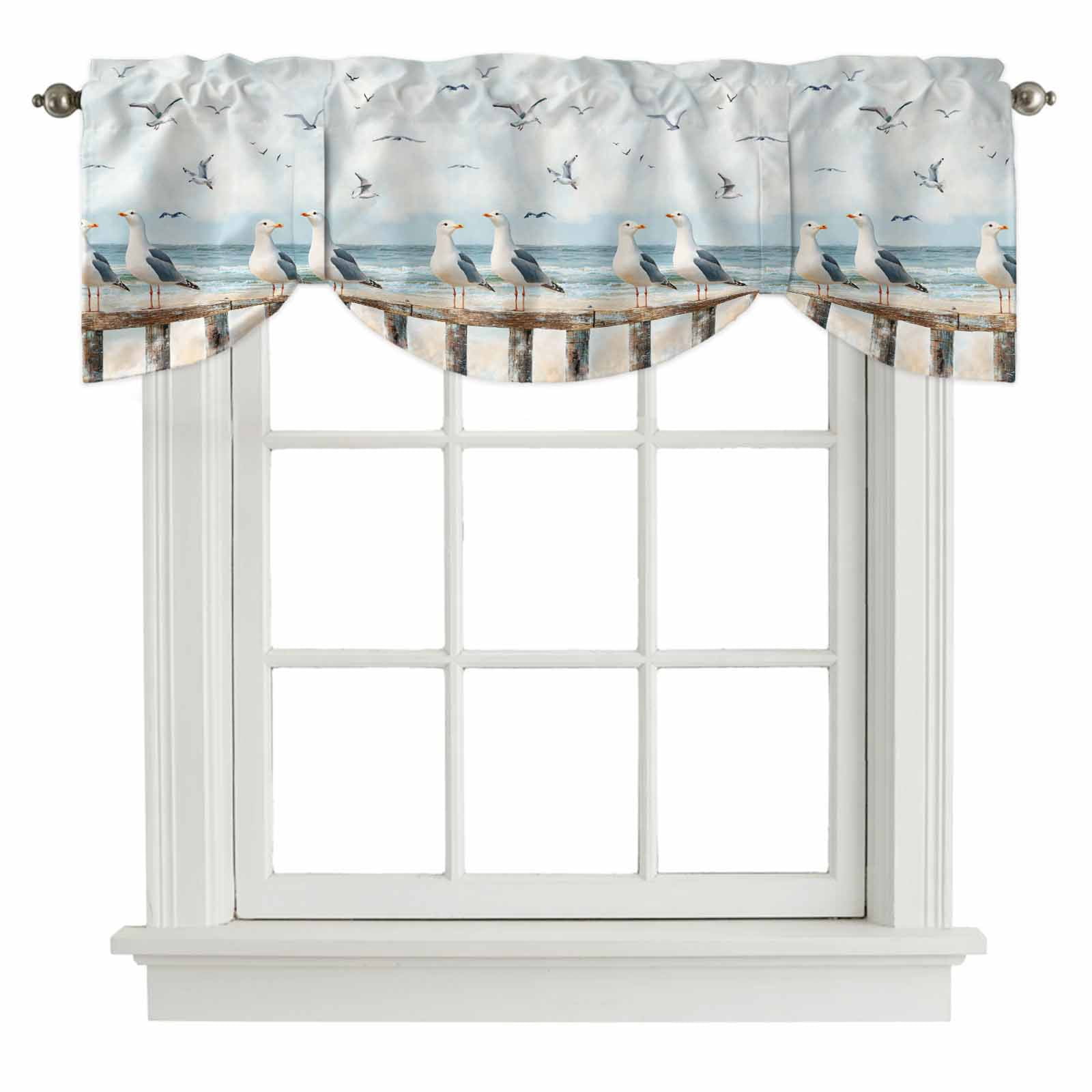 Beach Seagull Tie Up Valance Curtains Nautical Watercolor Ocean Bird ...