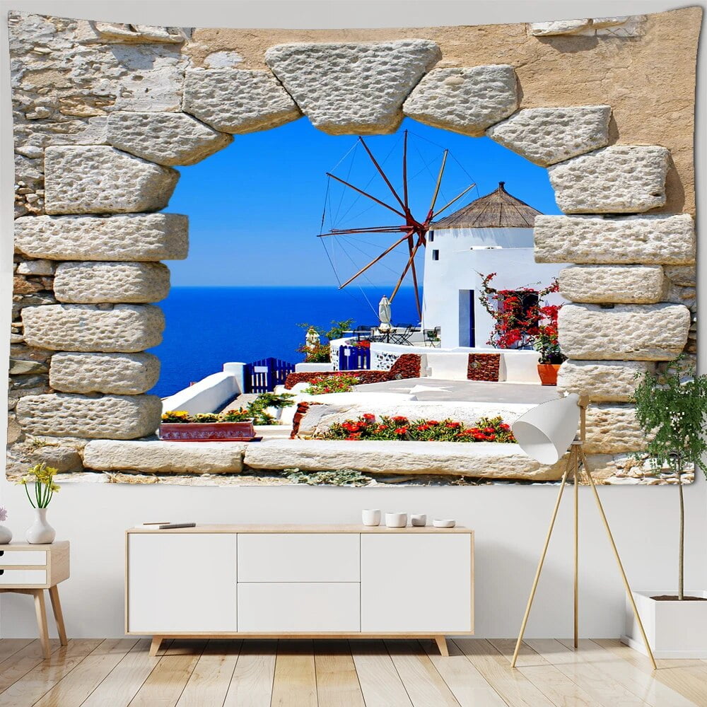Beach Seascape Landscape Wall Tapestry European Style town Scery Cloth ...