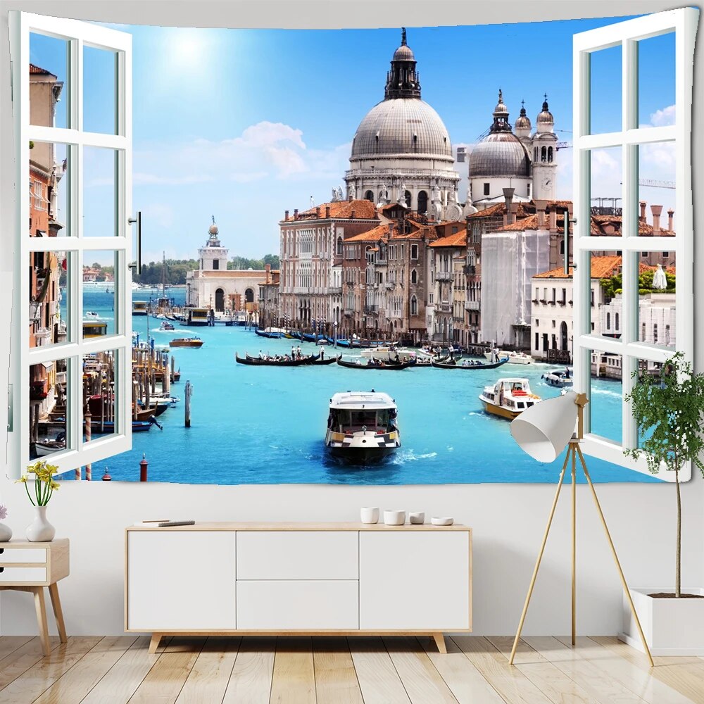 Beach Seascape Landscape Wall Tapestry European Style town Scery Cloth ...