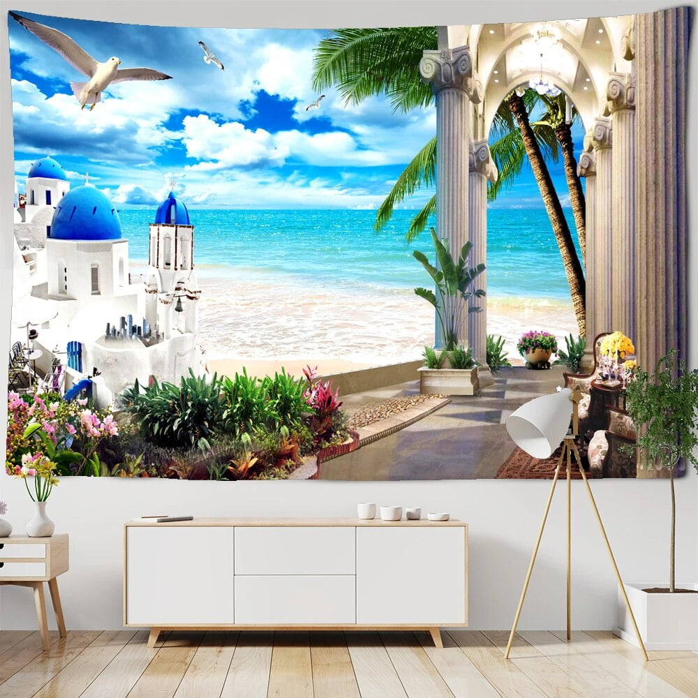 Beach Seascape Landscape Wall Tapestry European Style town Scery Cloth ...