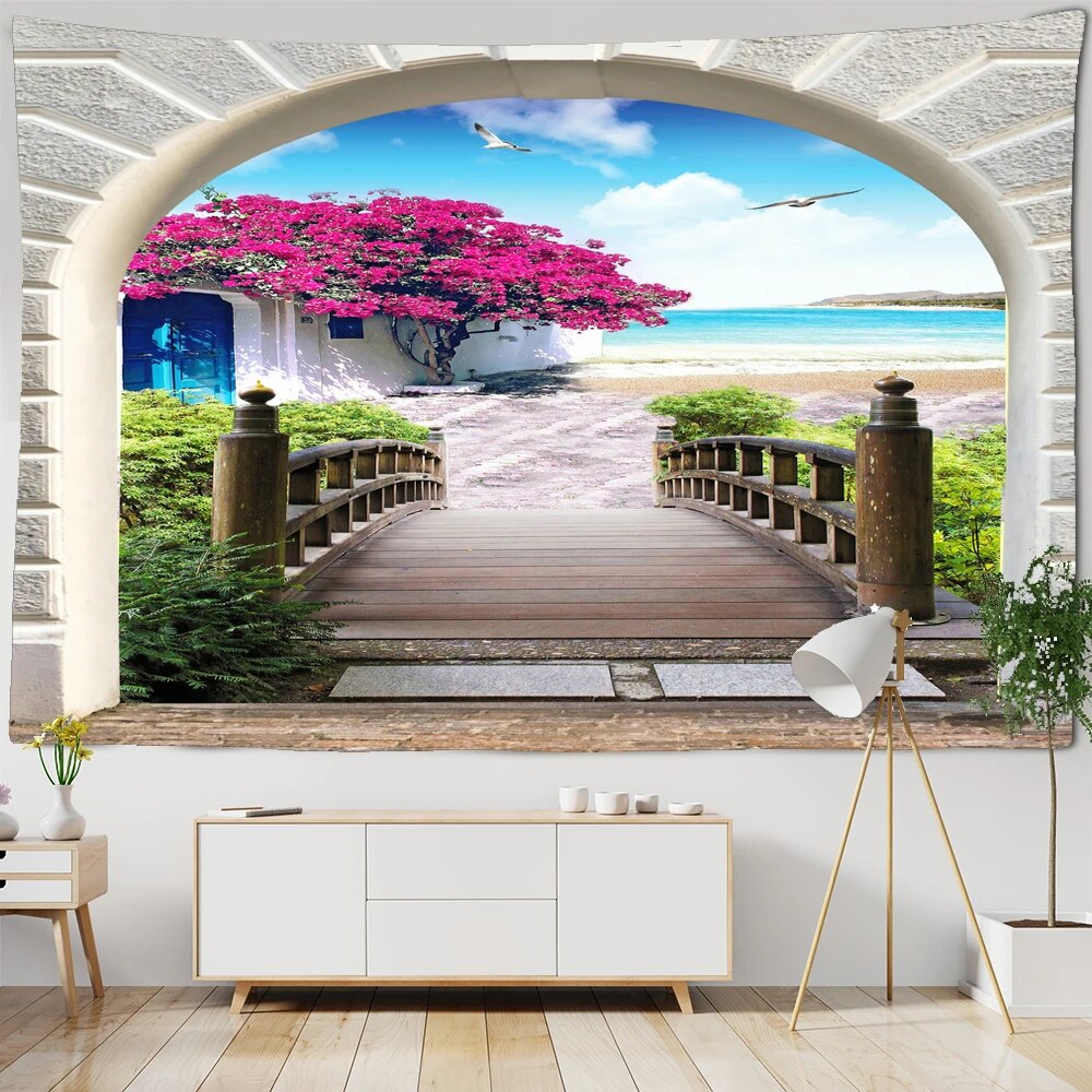 Beach Seascape Landscape Wall Tapestry European Style town Scery Cloth ...