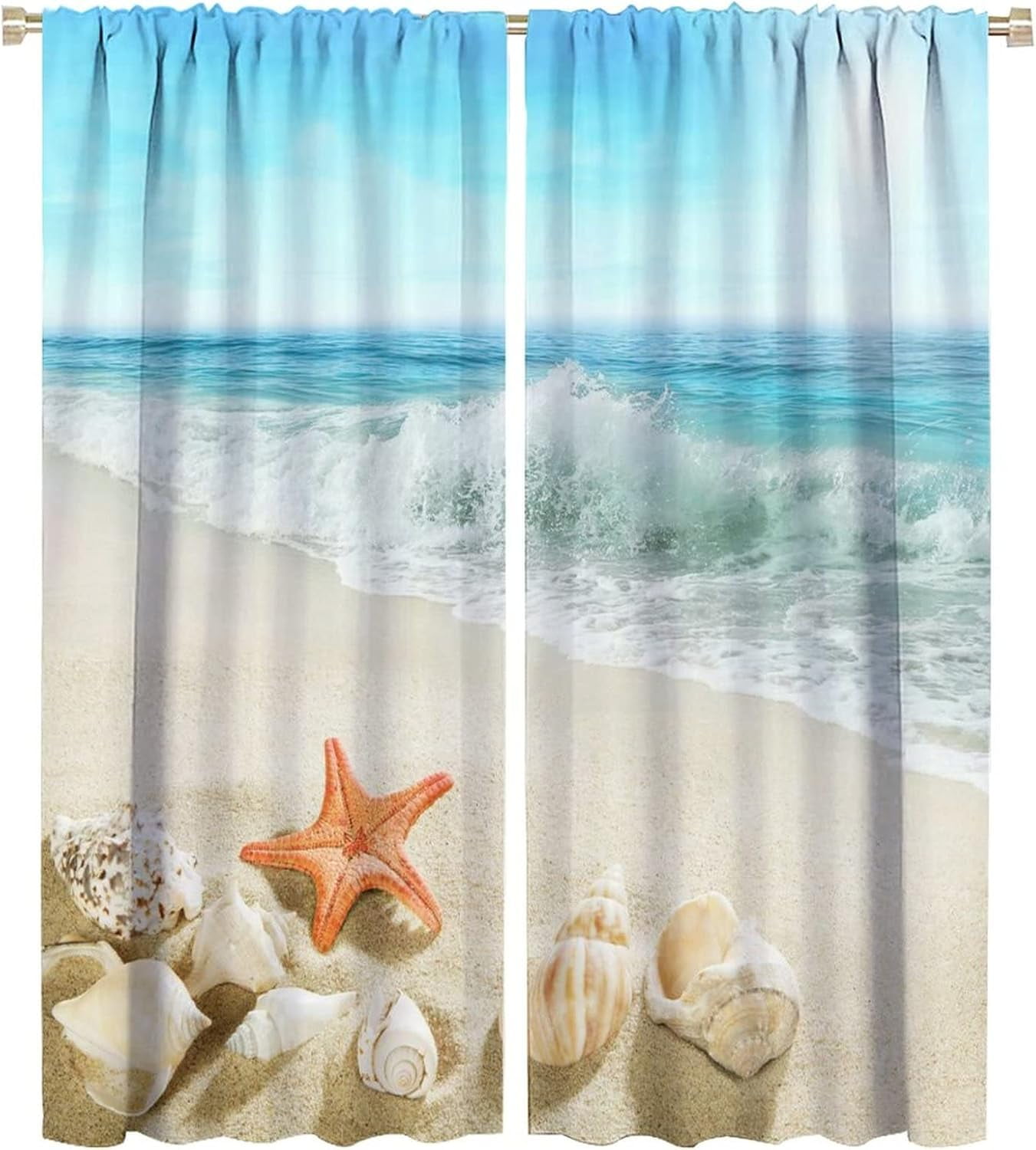 Beach Seashell Blackout Windows Curtains, Coastal Beach Clear Water ...