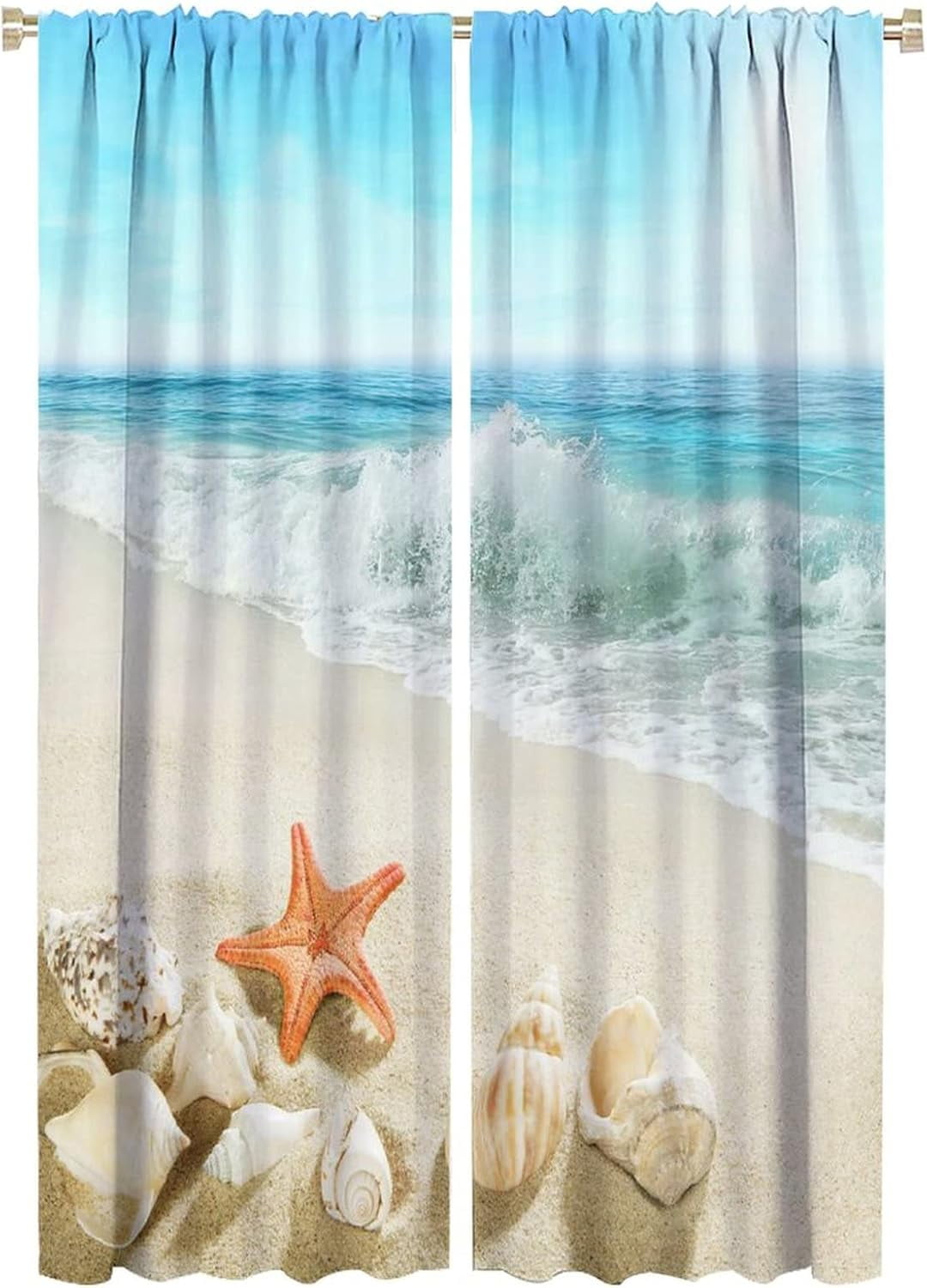 Beach Seashell Blackout Windows Curtains, Coastal Beach Clear Water ...