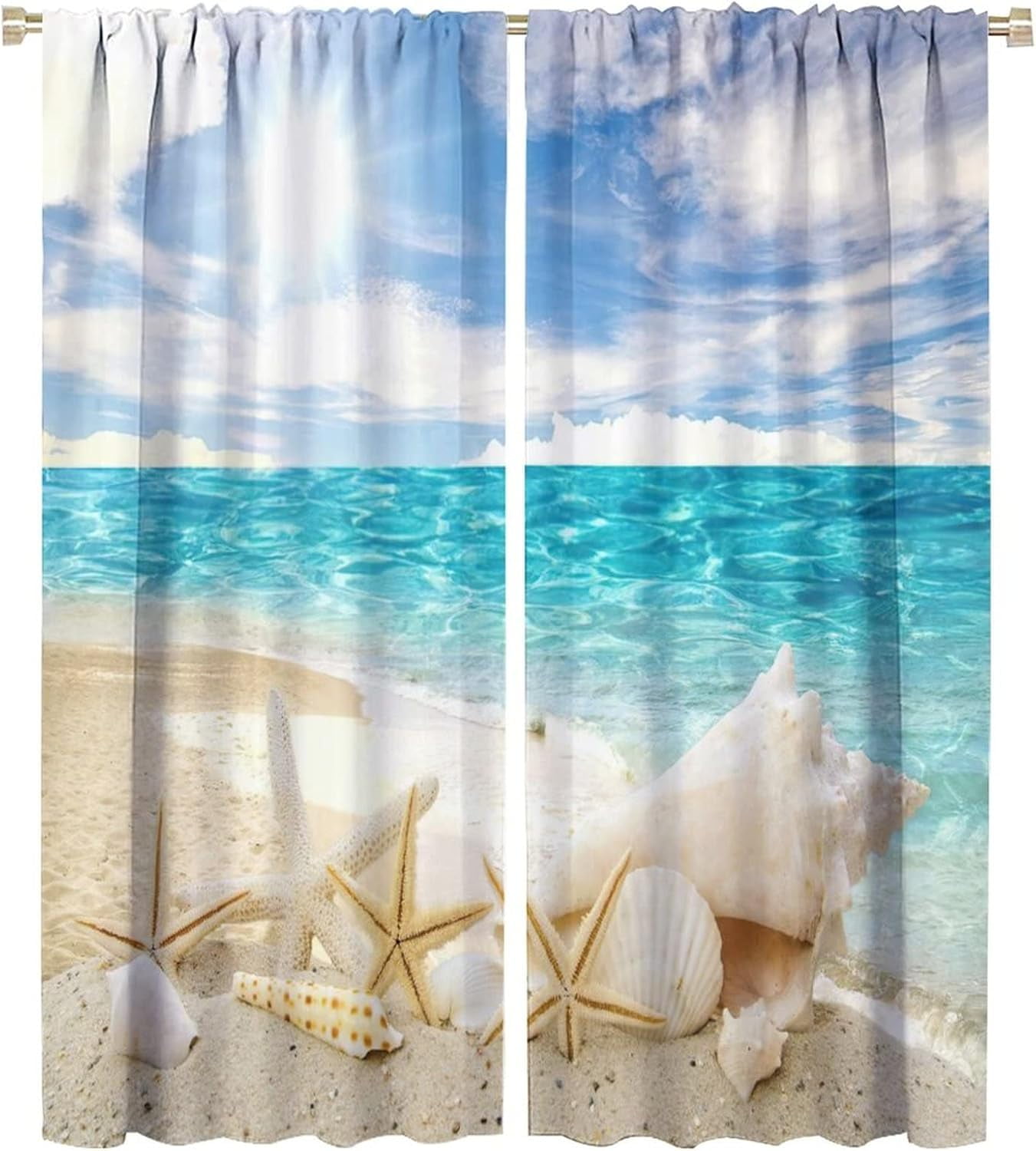 Beach Seashell Blackout Windows Curtains, Summer Sun Beach Starfish ...