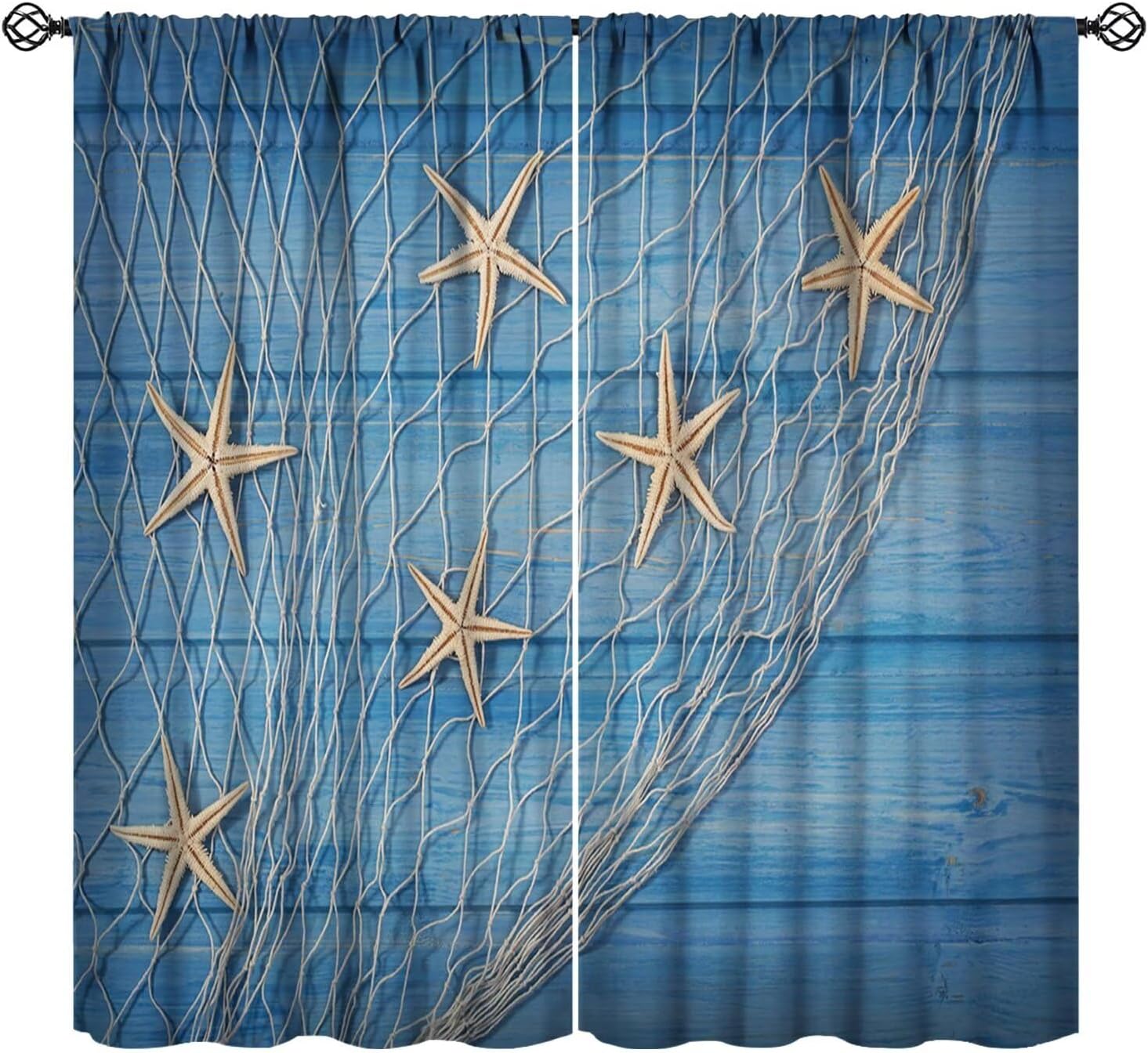 Beach Seashell Curtains Blue Vintage Wooden Planks Starfish Fishing Net ...