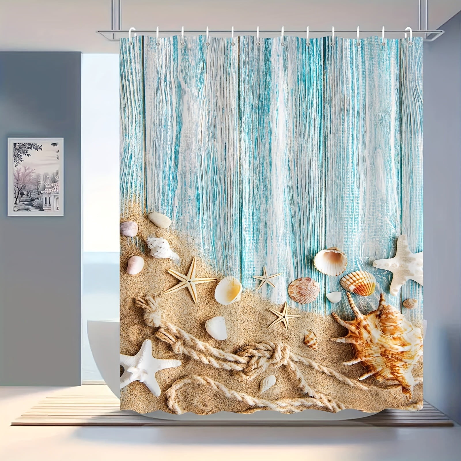 Beach Seashell Shower Curtain Beach Theme Starfish Shell Waterproof ...