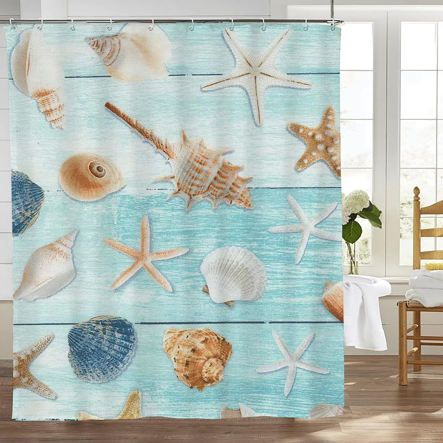 Beach Seashell Shower Curtain Nautical Coastal Shell Starfish Shower ...