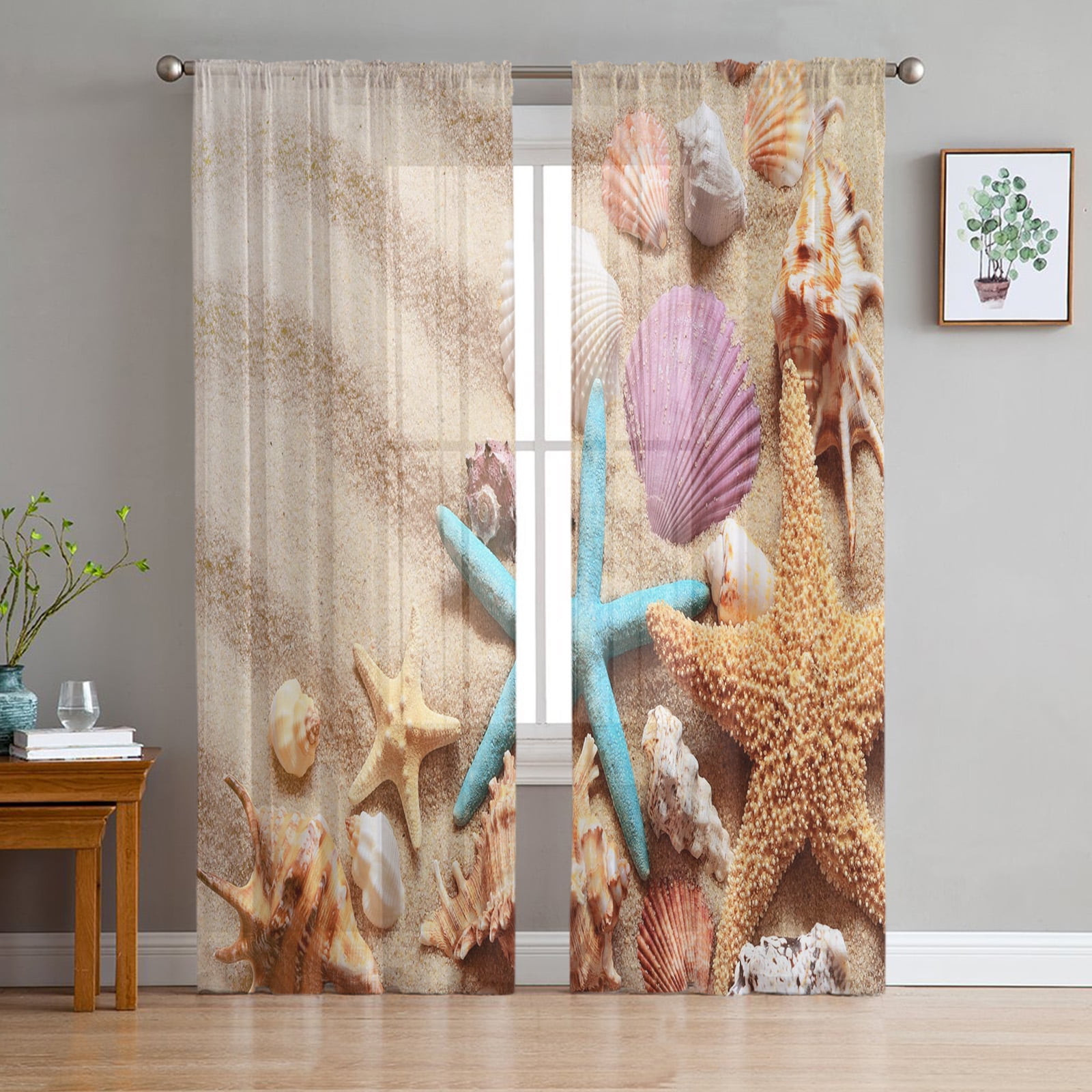 Beach Seashell Star Conch Sheer Curtain for Living Room Bedroom Voile ...