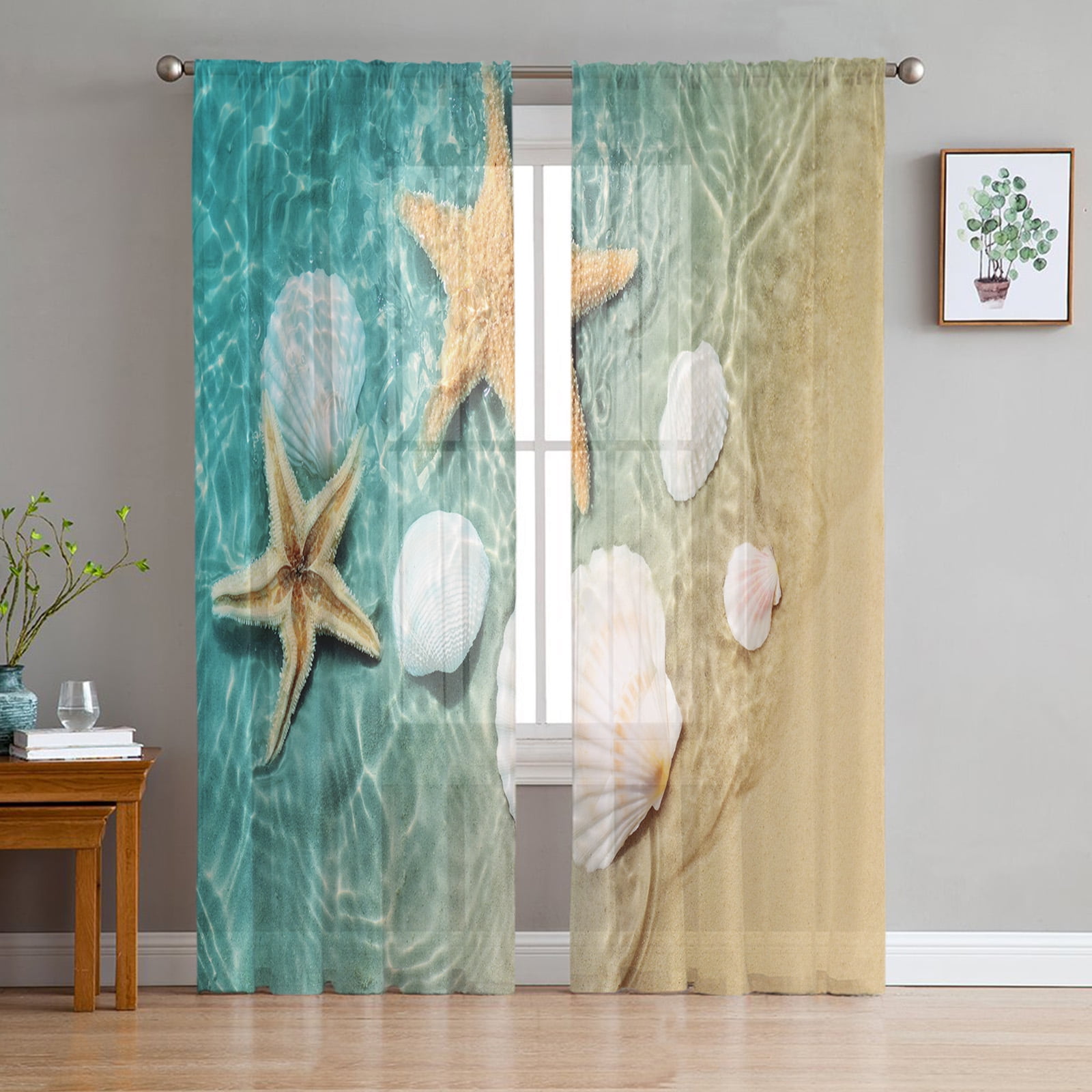 Beach Seashell Star Conch Sheer Curtain for Living Room Bedroom Voile ...