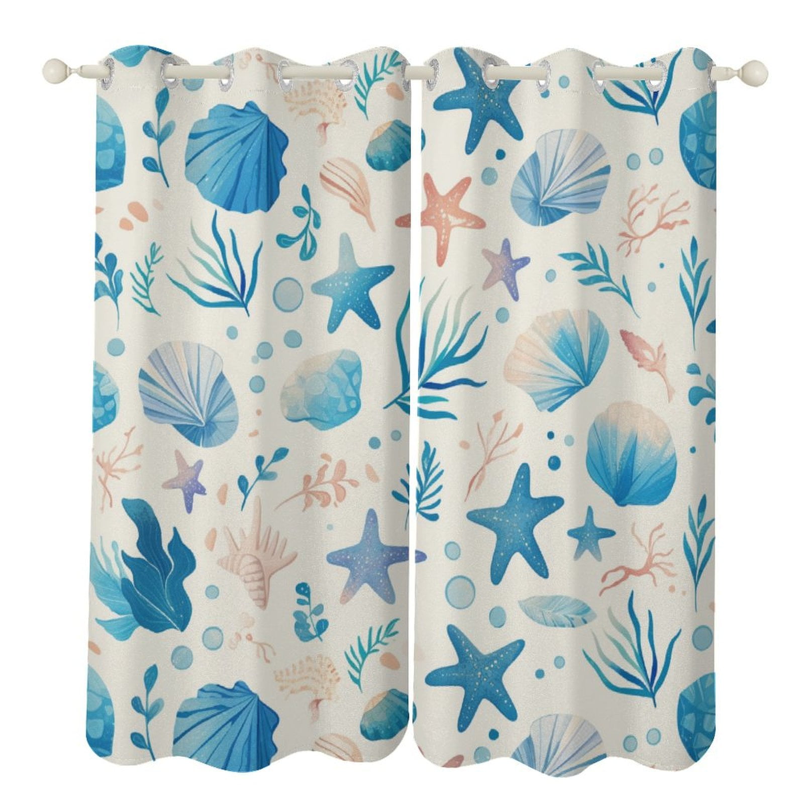 Beach Seashell Starfish 2 Panel Curtain Set, Watercolor Painting Window ...