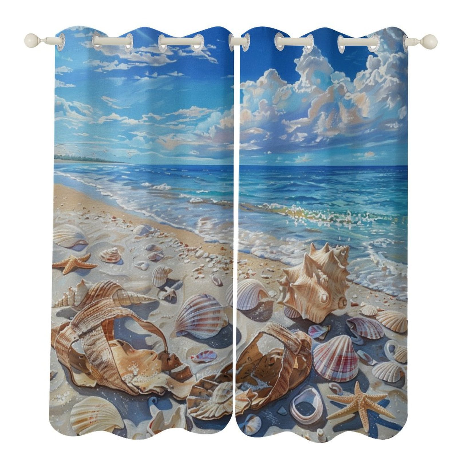 Beach Seashell Starfish 2 Panel Curtain Set, Watercolor Painting Window ...