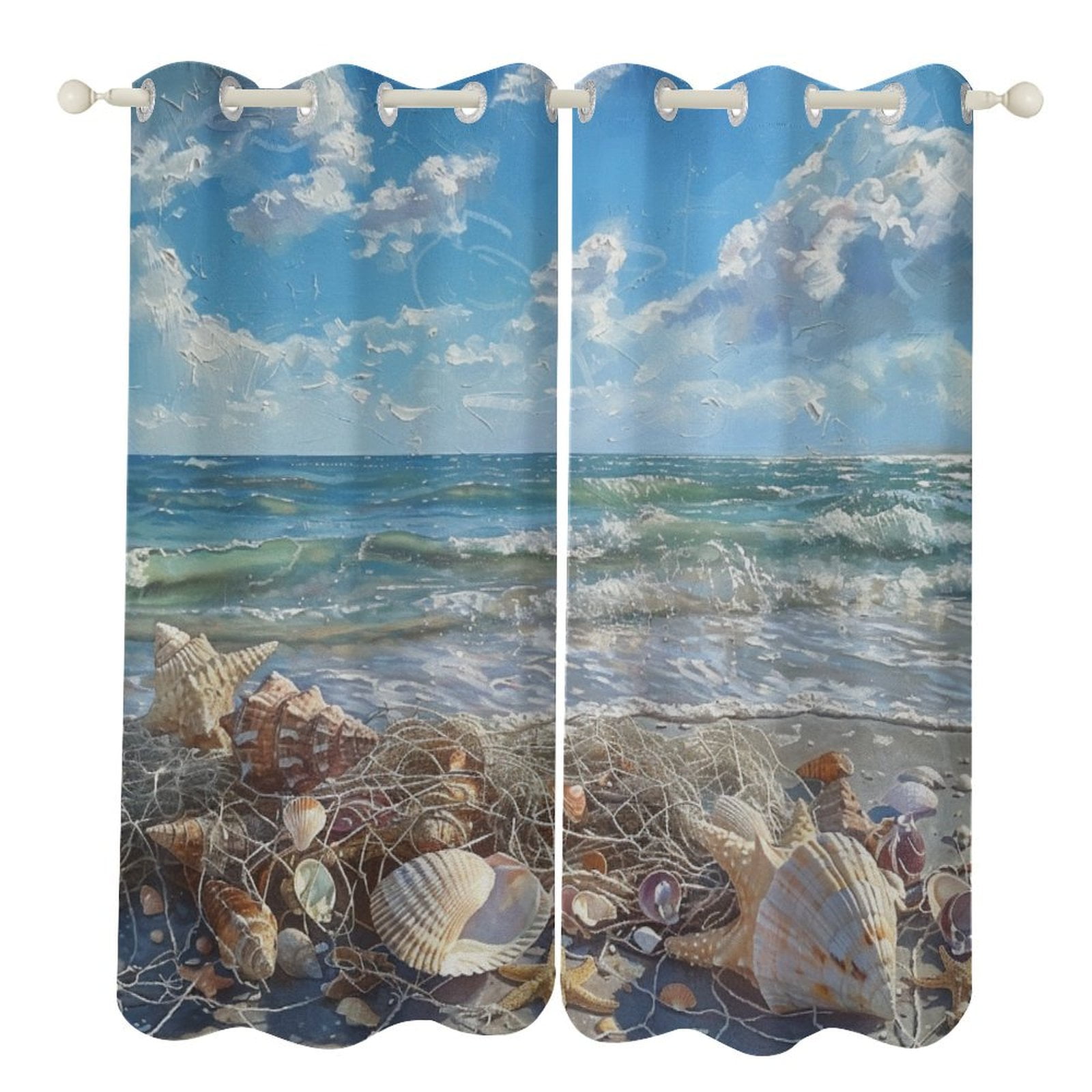 Beach Seashell Starfish 2 Panel Curtain Set, Watercolor Painting Window ...
