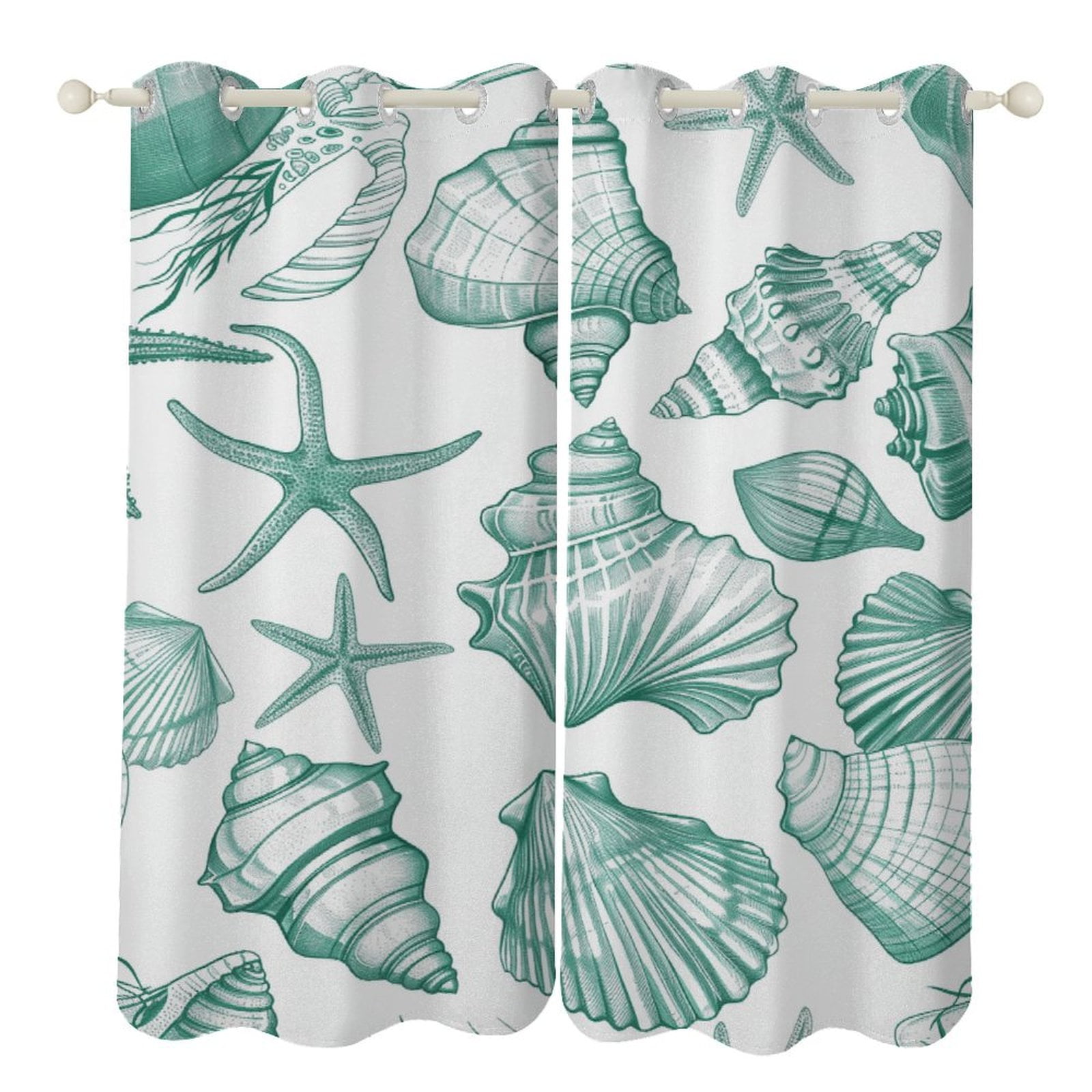 Beach Seashell Starfish 2 Panel Curtain Set, Watercolor Painting Window ...