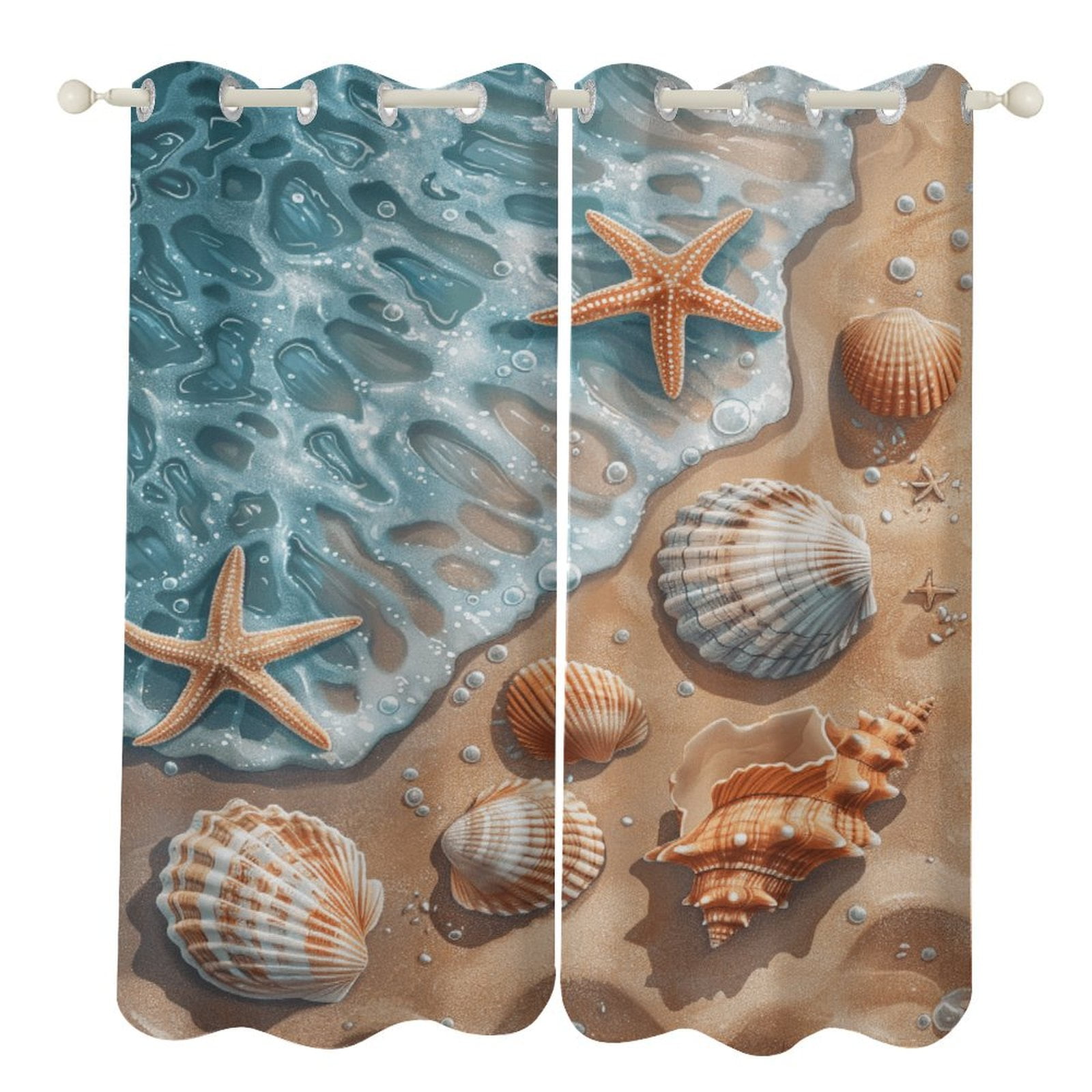 Beach Seashell Starfish 2 Panel Curtain Set, Watercolor Painting Window ...
