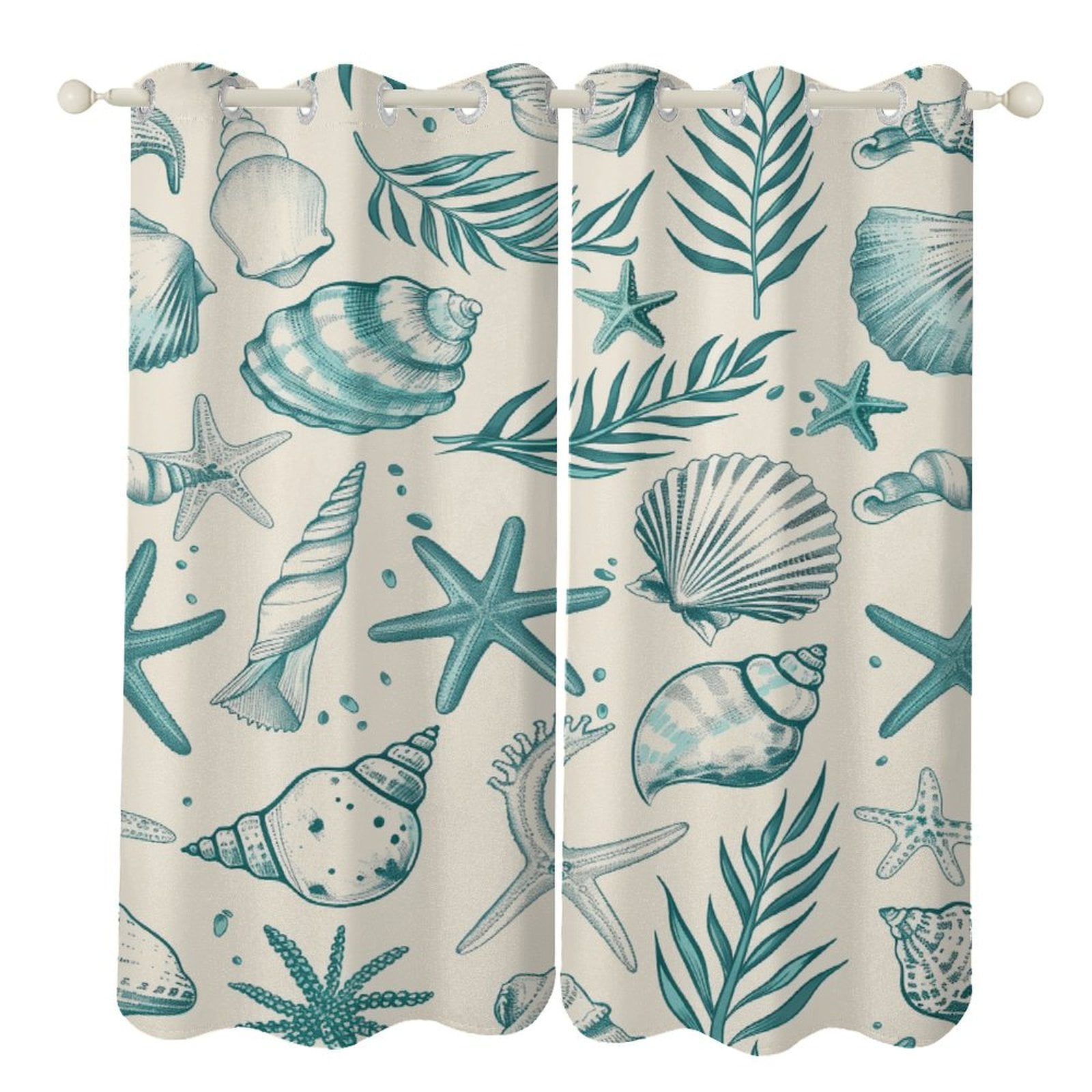 Beach Seashell Starfish 2 Panel Curtain Set, Watercolor Painting Window ...