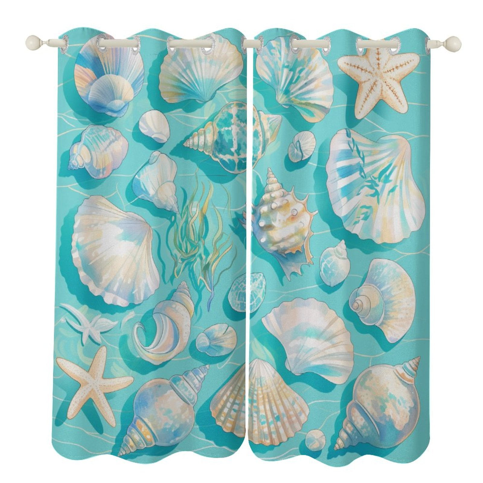 Beach Seashell Starfish 2 Panel Curtain Set, Watercolor Painting Window ...