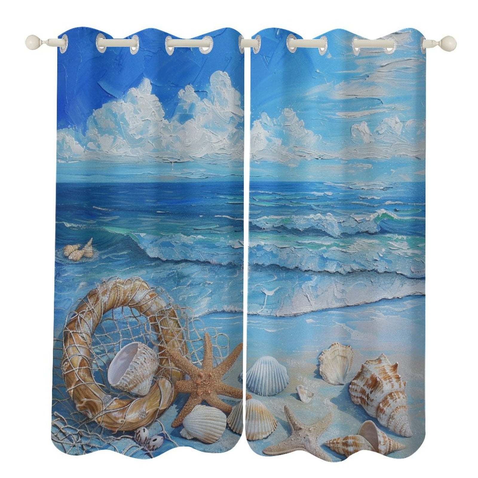 Beach Seashell Starfish 2 Panel Curtain Set, Watercolor Painting Window ...