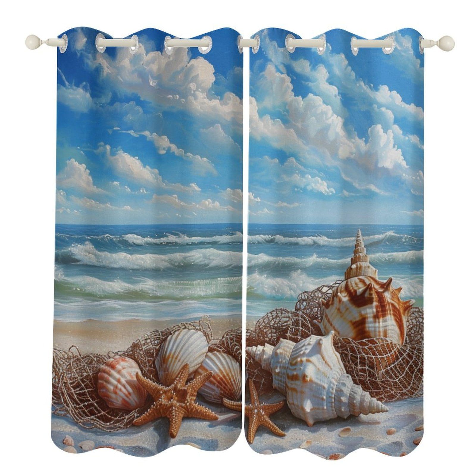 Beach Seashell Starfish 2 Panel Curtain Set, Watercolor Painting Window ...