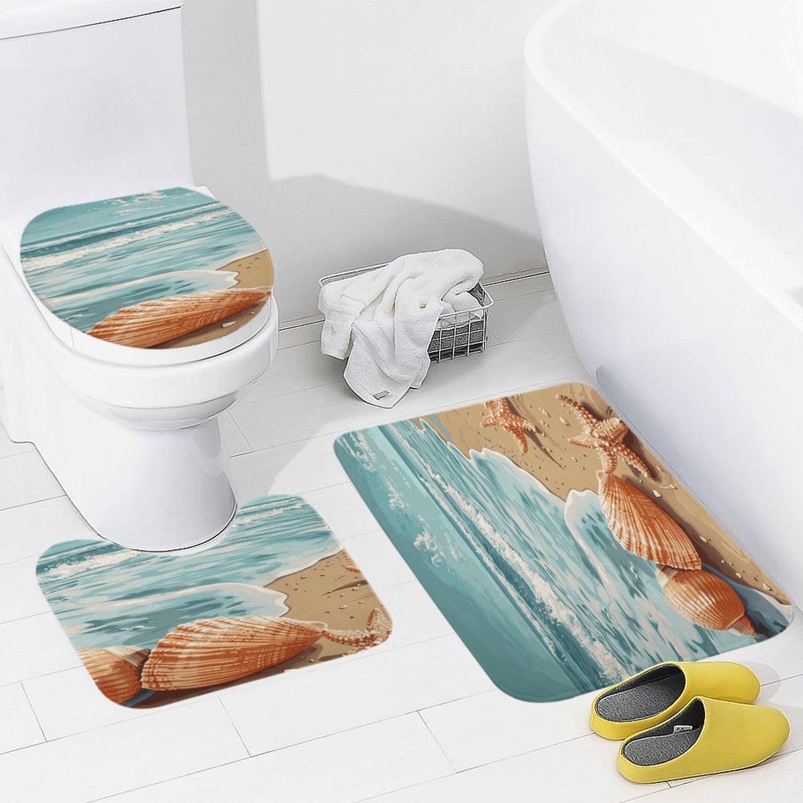 Beach Seashell Starfish 3 Pieces Bath Mats Set, Non-Slip Washable Cover ...