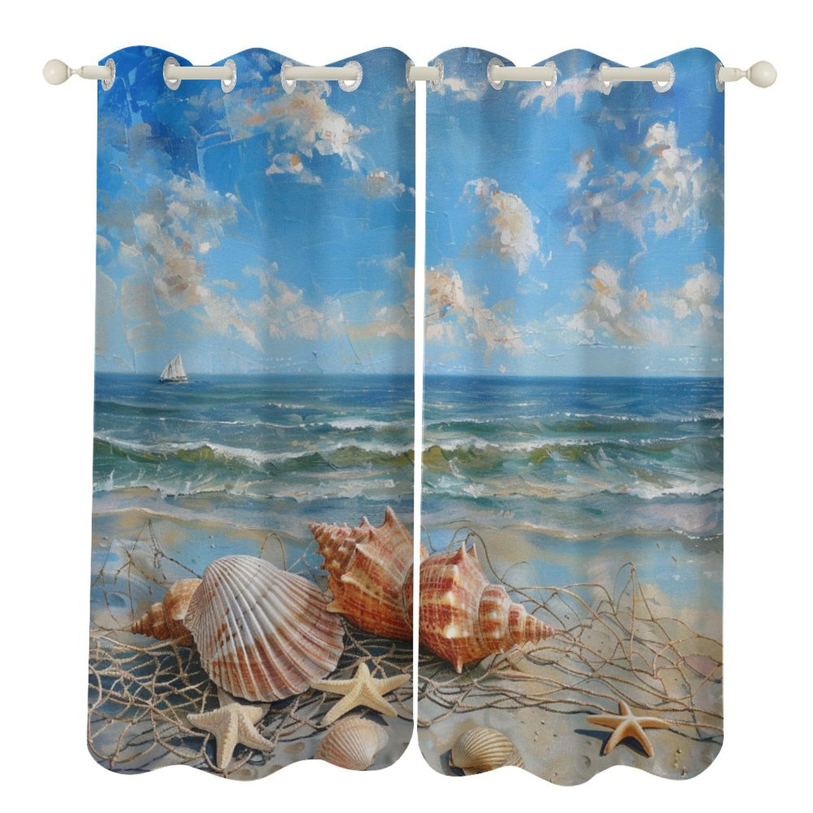 Beach Seashell Starfish Blackout Curtains, Watercolor Pattern Window ...