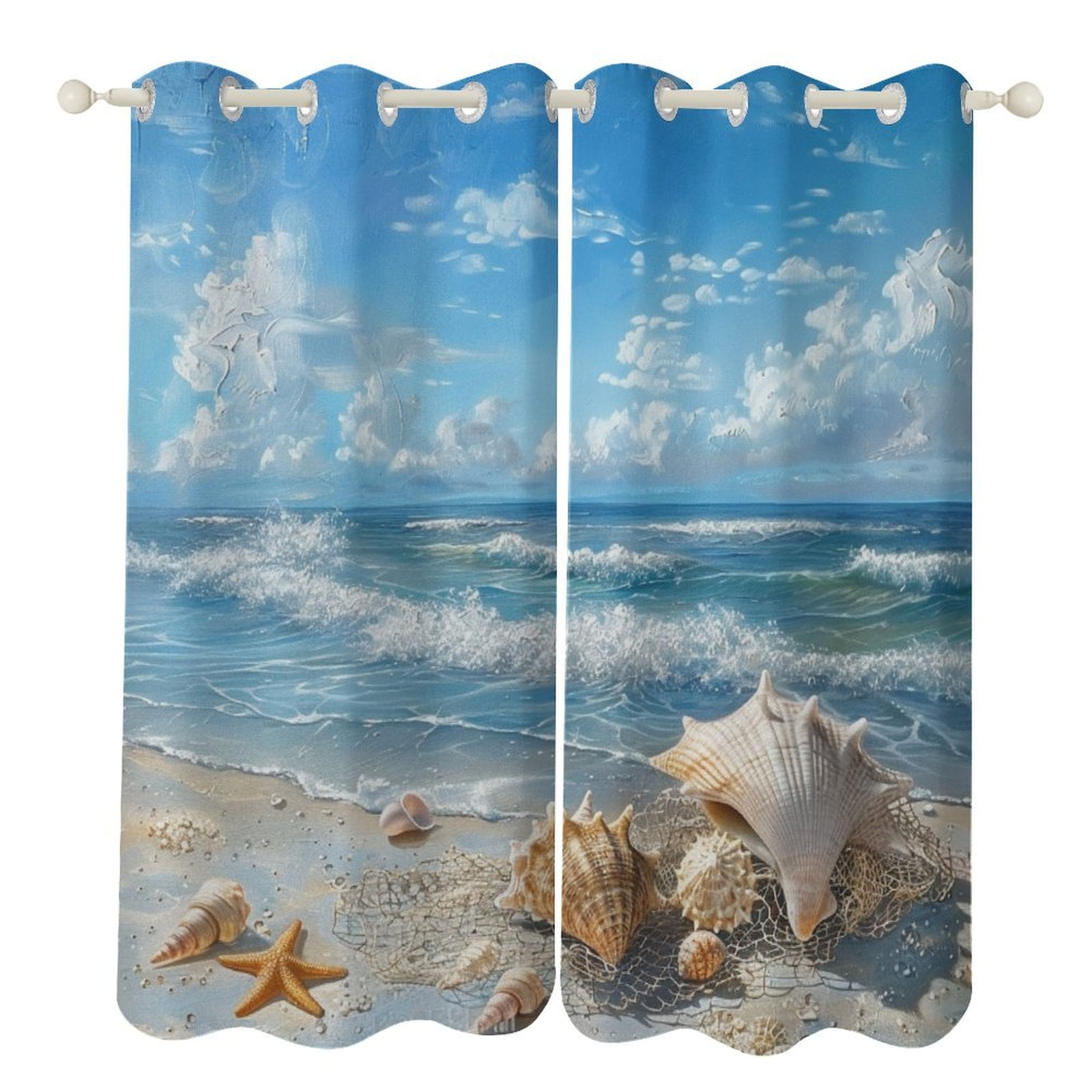 Beach Seashell Starfish Curtains Watercolor Theme Window Curtains ...