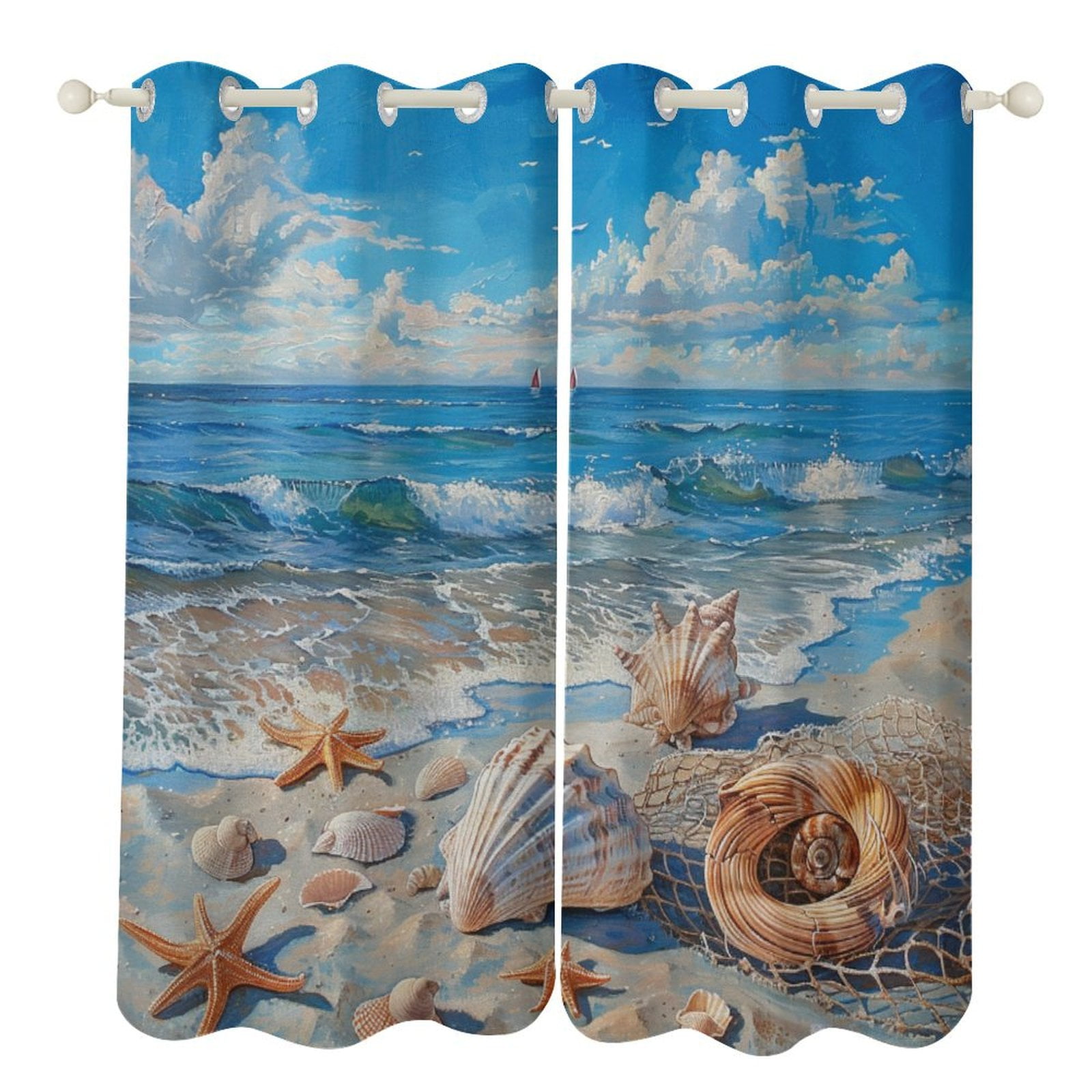 Beach Seashell Starfish Curtains Watercolor Theme Window Curtains ...
